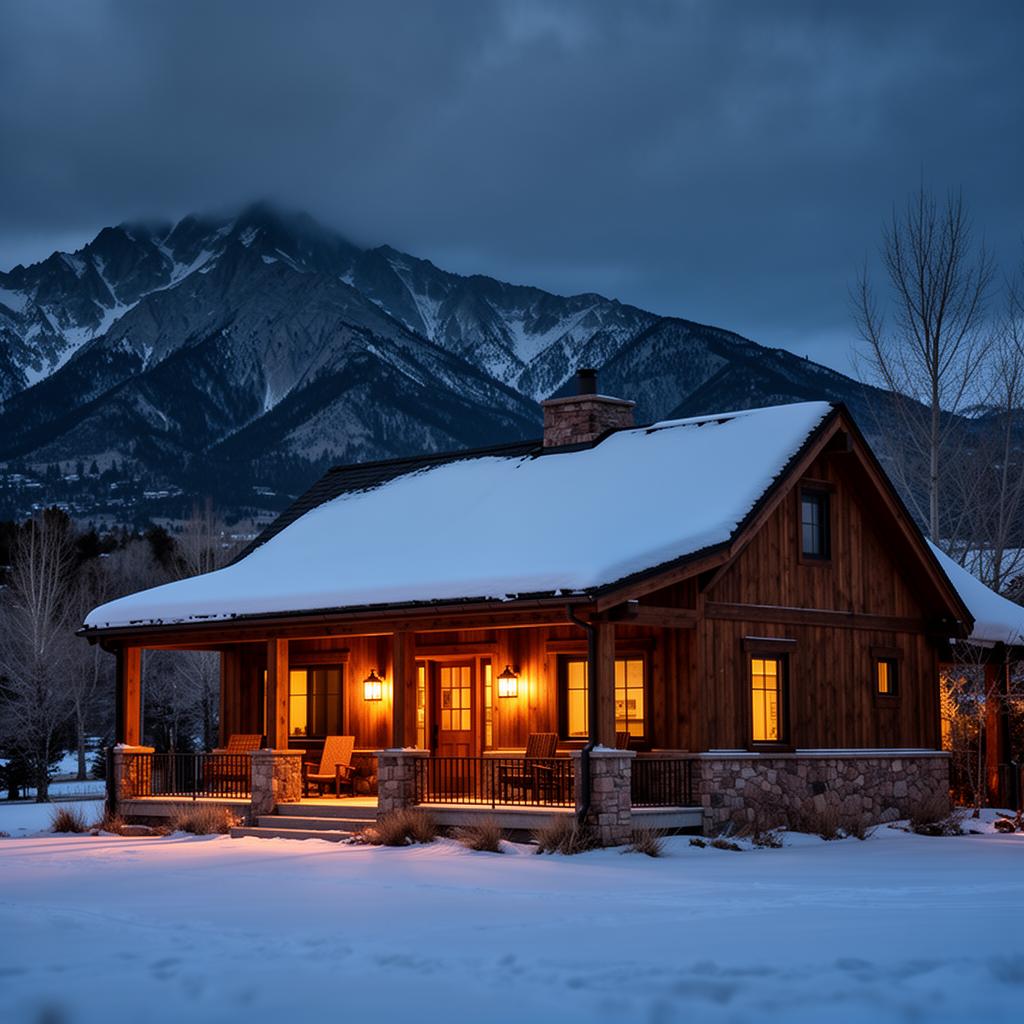 Wyoming ranch-style home in winter with snow on the roof and warm porch ...